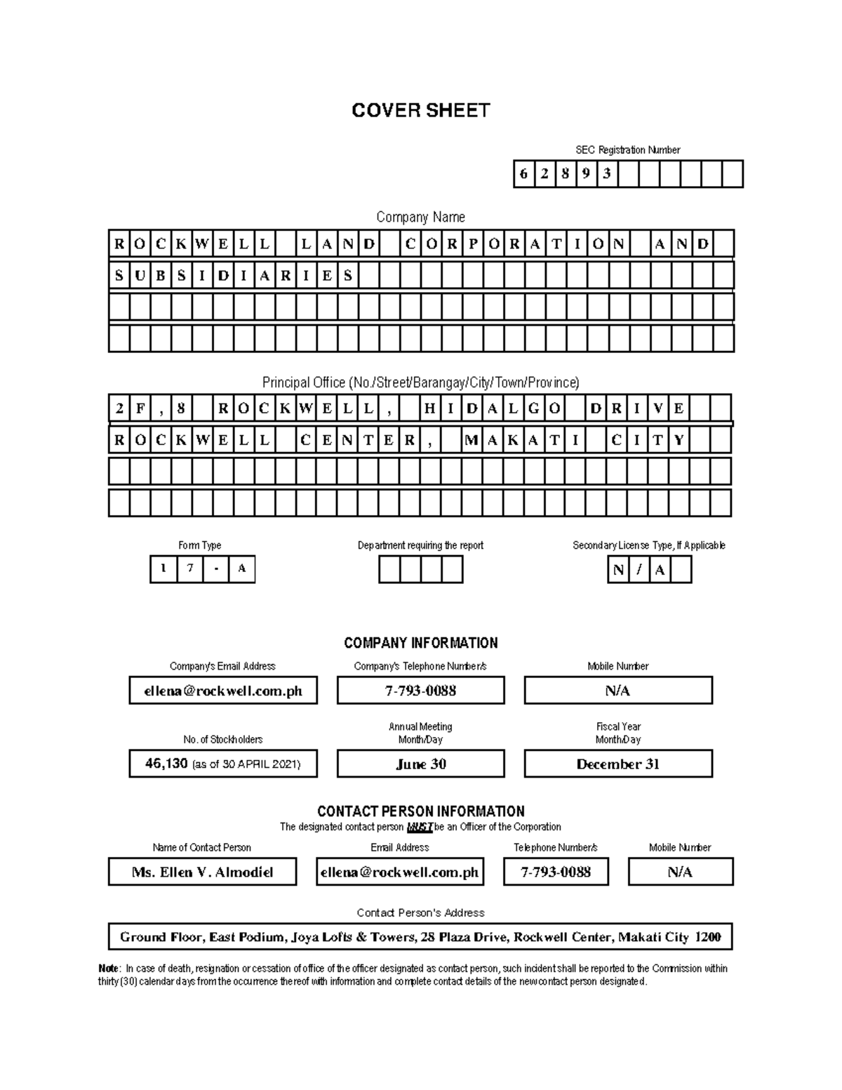 Rockwell Land Corporation Annual Report 2020 (SEC Form 17-A) - COVER ...