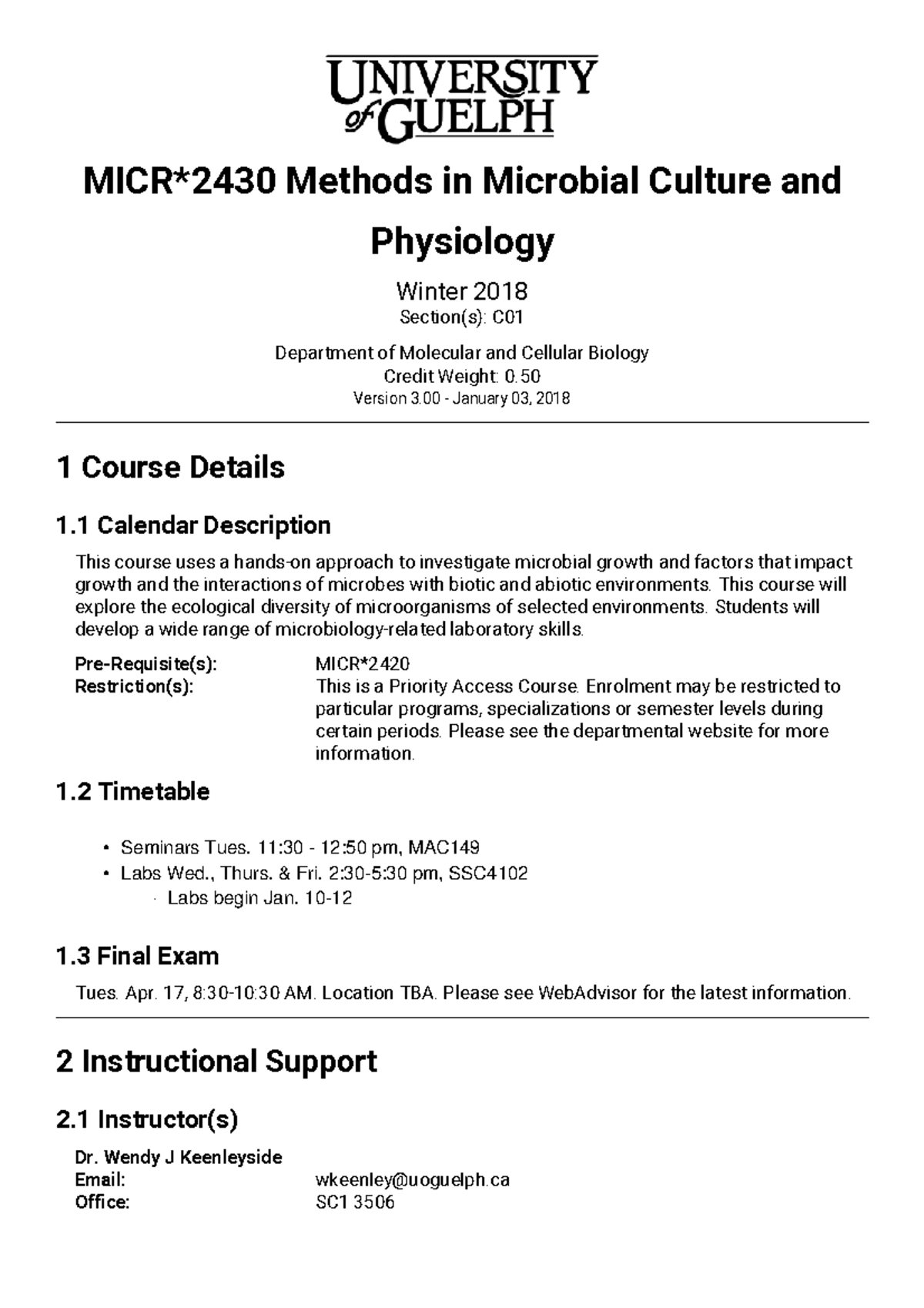 MICR2430 Course Outline - MICR*2430 Methods in Microbial Culture and ...