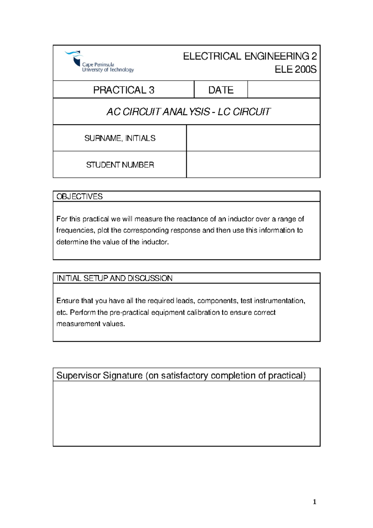 Practical 3 RL circuit - 1 ELECTRICAL ENGINEERING 2 ELE 200S PRACTICAL ...