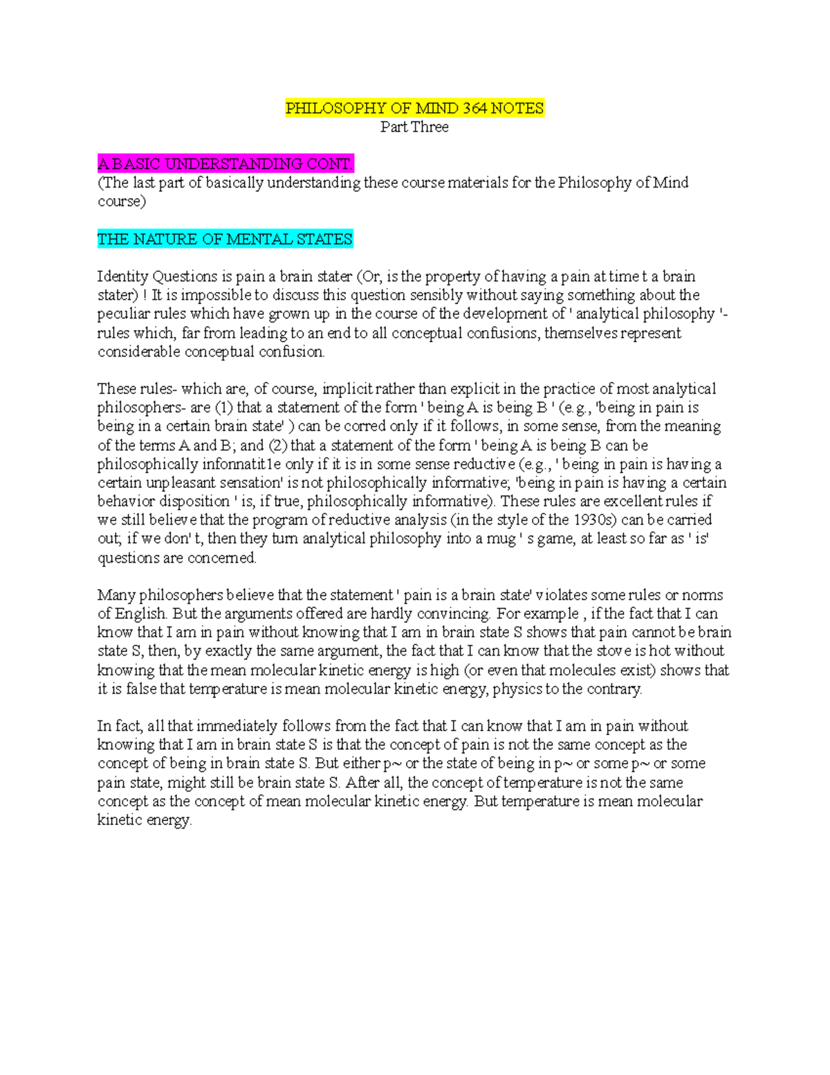 Philosophy OF MIND 364 Notes - PHILOSOPHY OF MIND 364 NOTES Part Three ...