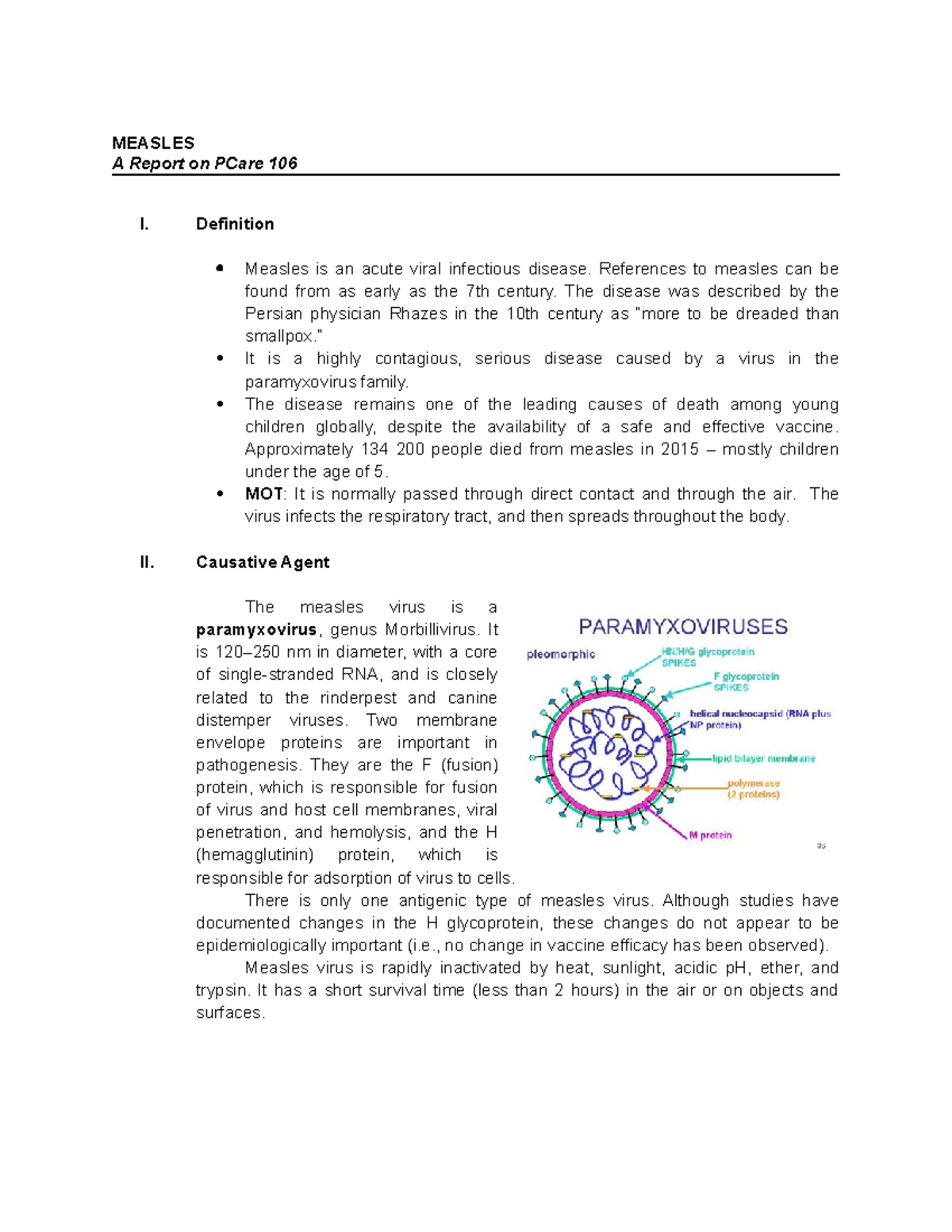 Measles - MEASLES A Report on PCare 106 I. Definition Measles is an ...