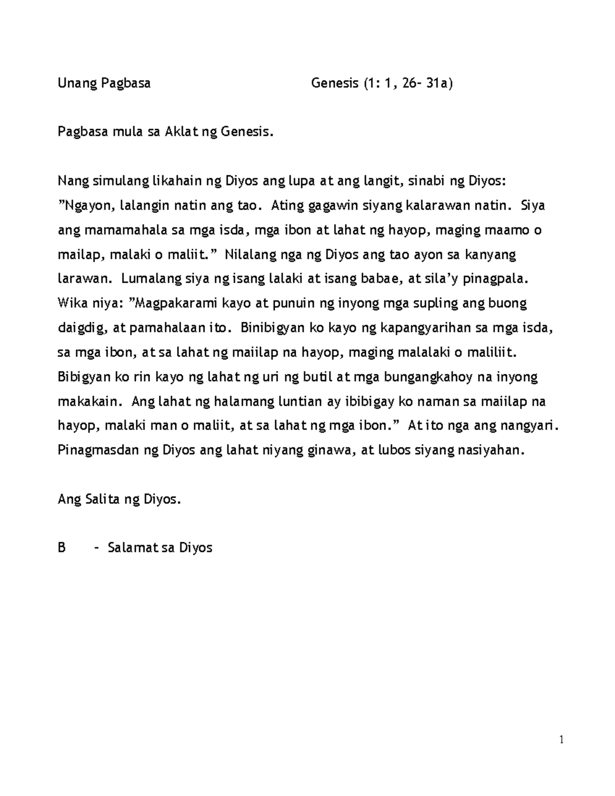 Easter Vigil Tagalog Readings - Unang Pagbasa Genesis (1: 1, 26- 31a ...