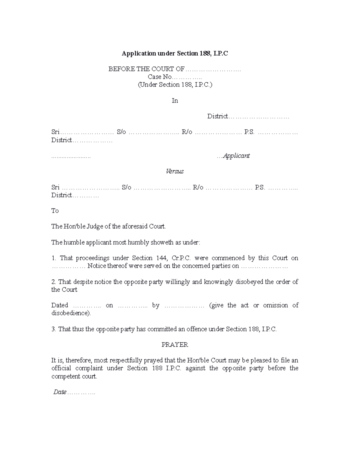 APP Under SEC 188,IPC Drafting MISC Template - Application under ...