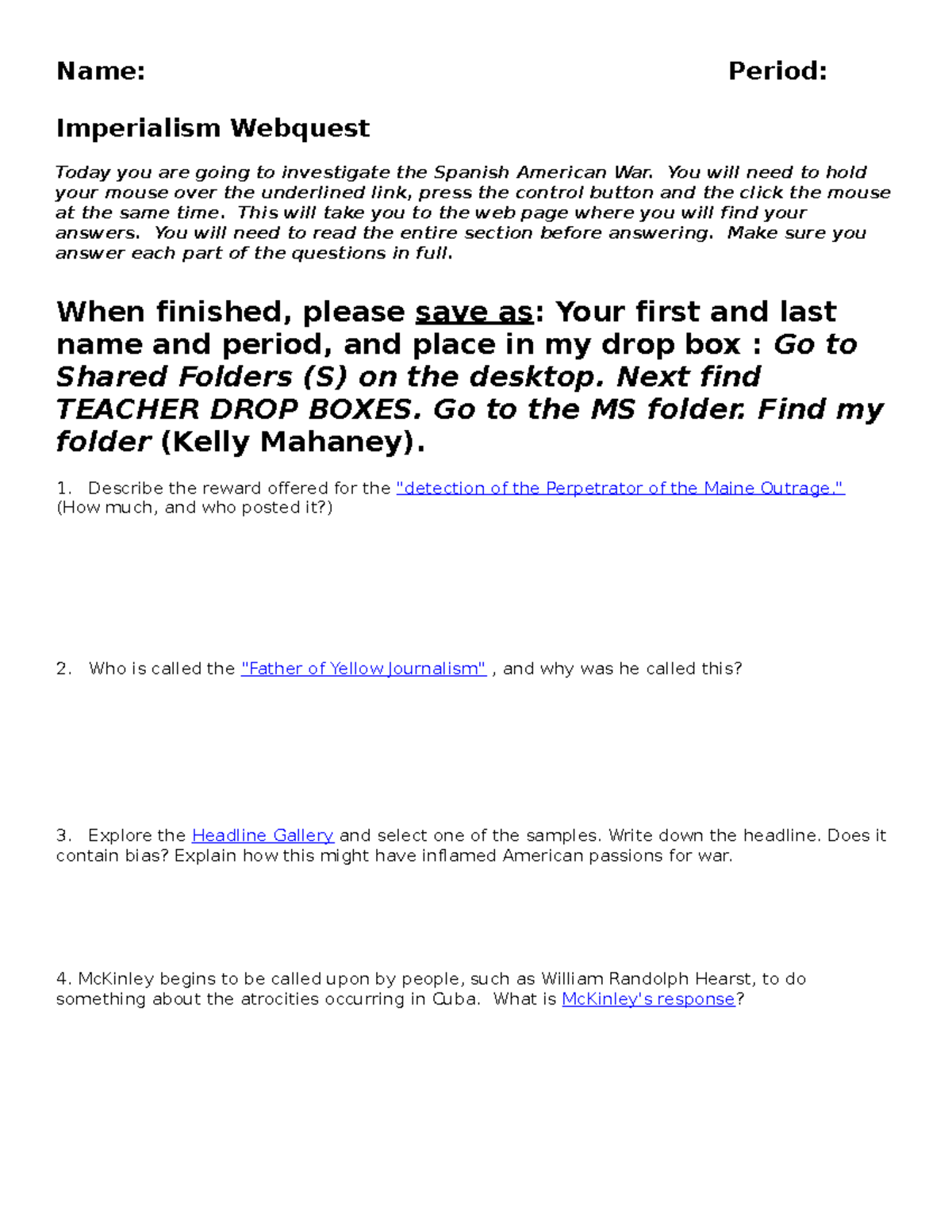 New Spanish American War Research Webquest - Name: Period: Imperialism ...