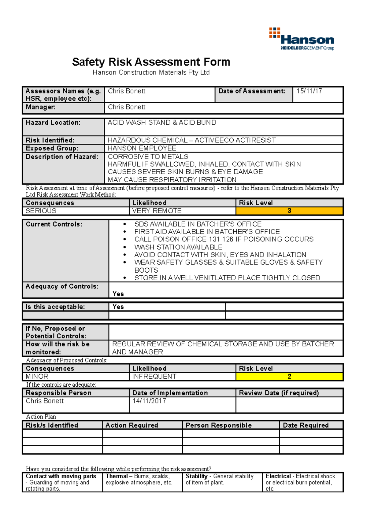 Chemical risk assessment - Safety Risk Assessment Form Hanson ...