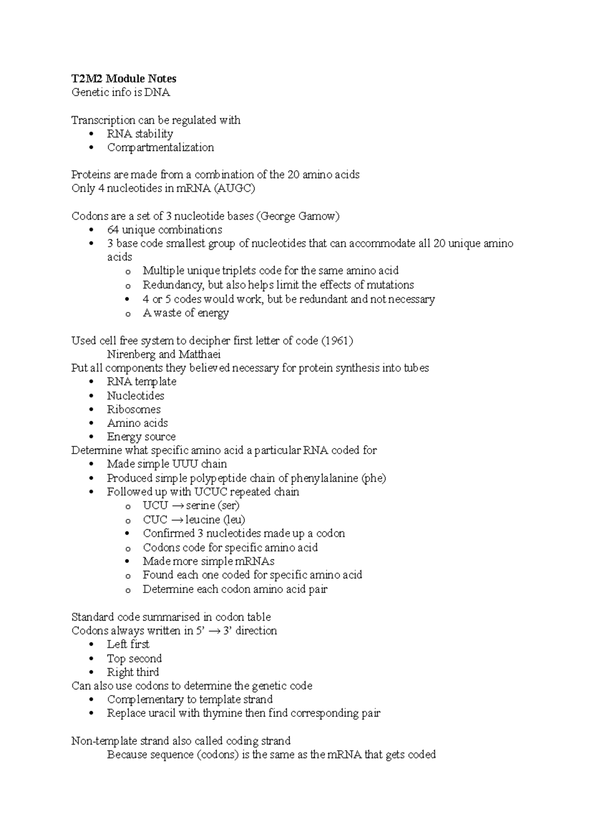 Bio 1A03 T2M2 Module Notes - T2M2 Module Notes Genetic info is DNA ...