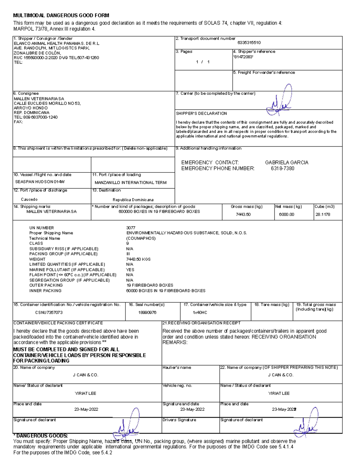 Multimodal 6335315510 - Shipping marks * Number and kind of packages ...