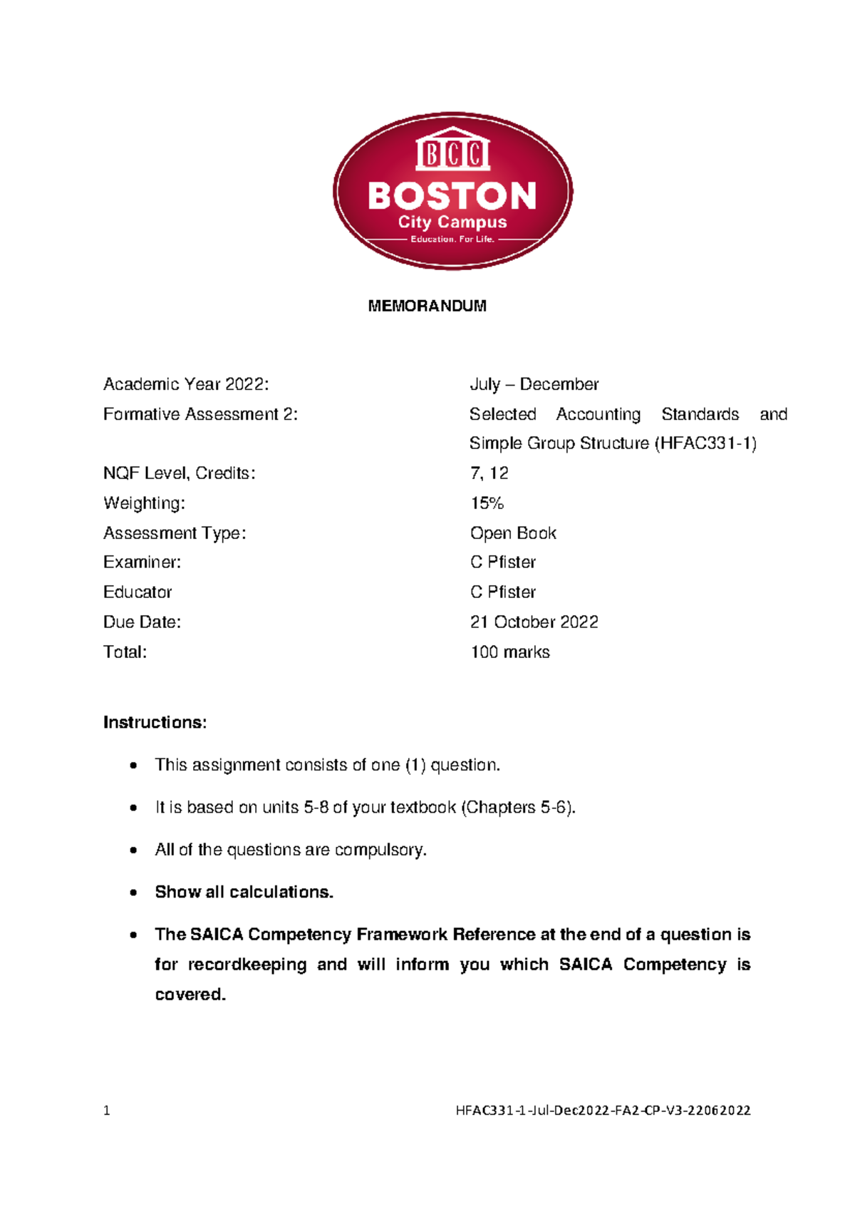 HFAC331 1 Jul Dec2022 FA2 Memo CP V3 22062022 2 1 - MEMORANDUM Academic ...
