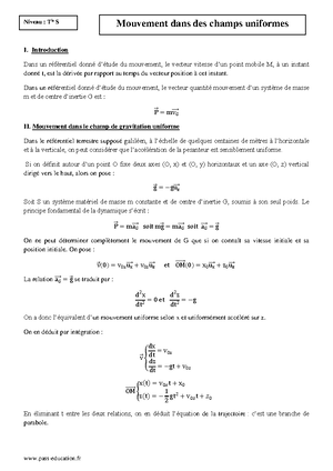 Champ uniforme fiche cours - Mouvement dans un champ uniforme – Fiche ...