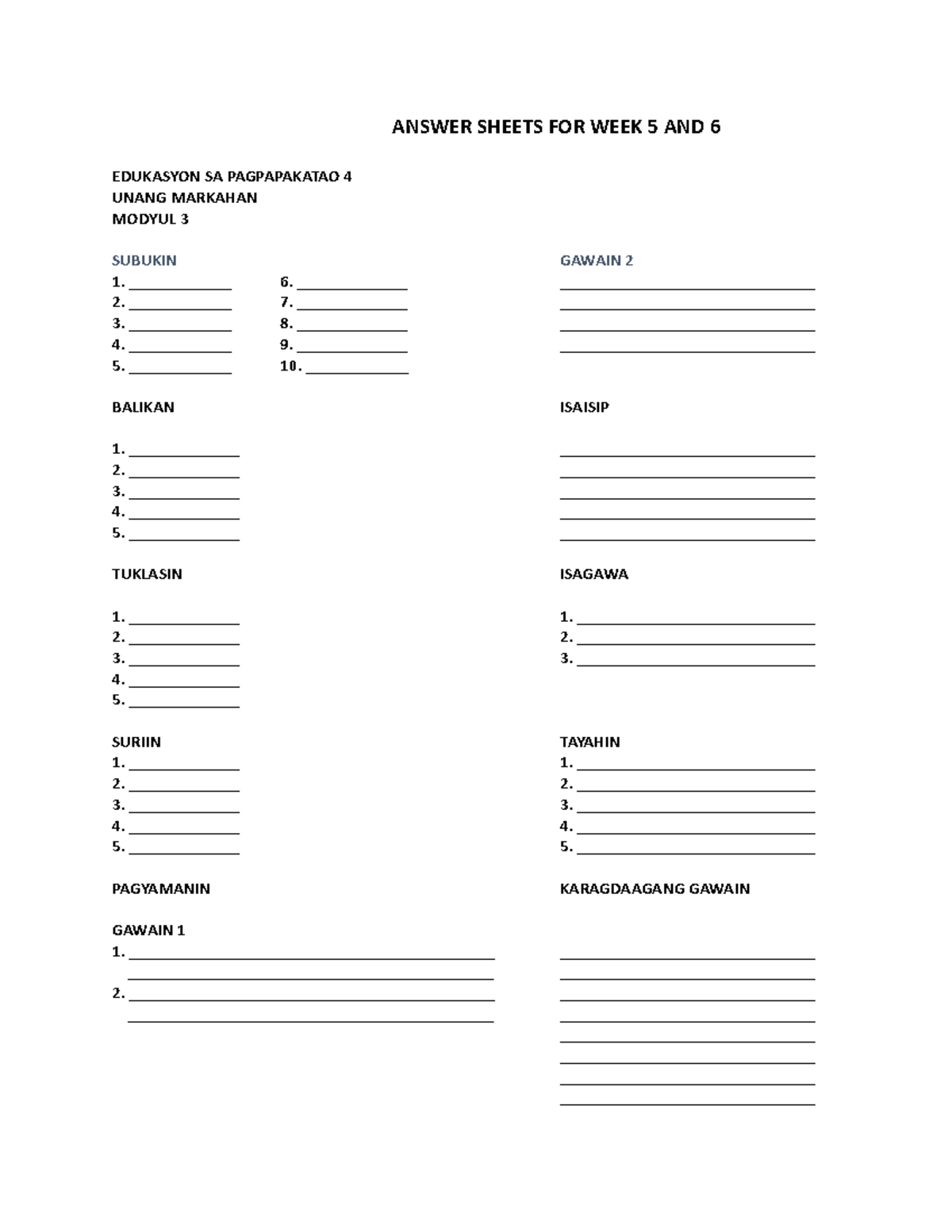 Answer Sheets FOR WEEK 5Answer Sheets FOR WEEK 5Answer Sheets FOR WEEK ...