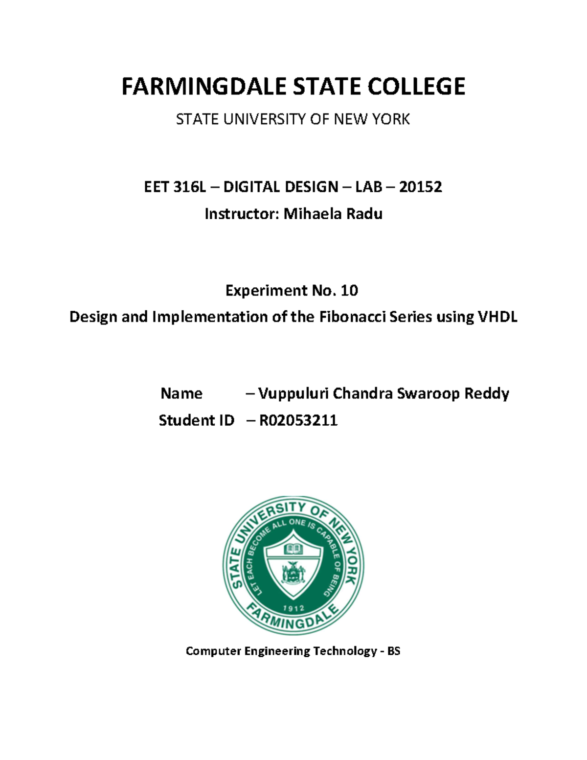 Lab Report #10 - Design and Implementation of the Fibonacci Series using VHDL - FARMINGDALE ...