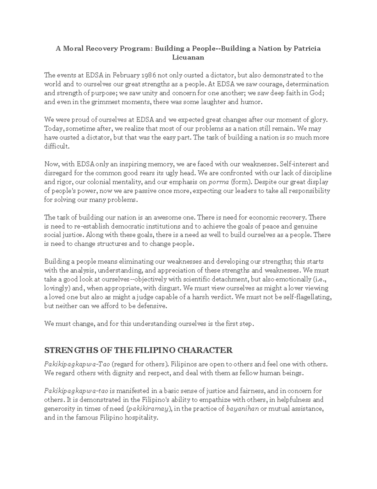 Licuanan Moral Recovery Program - A Moral Recovery Program: Building a ...