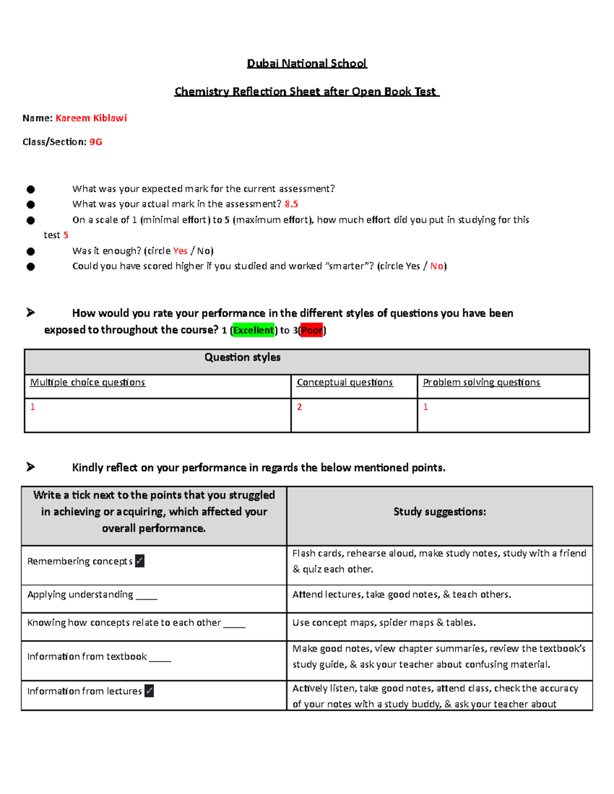 Science Self Reflection Worksheet ASS - Dubai National School Chemistry ...