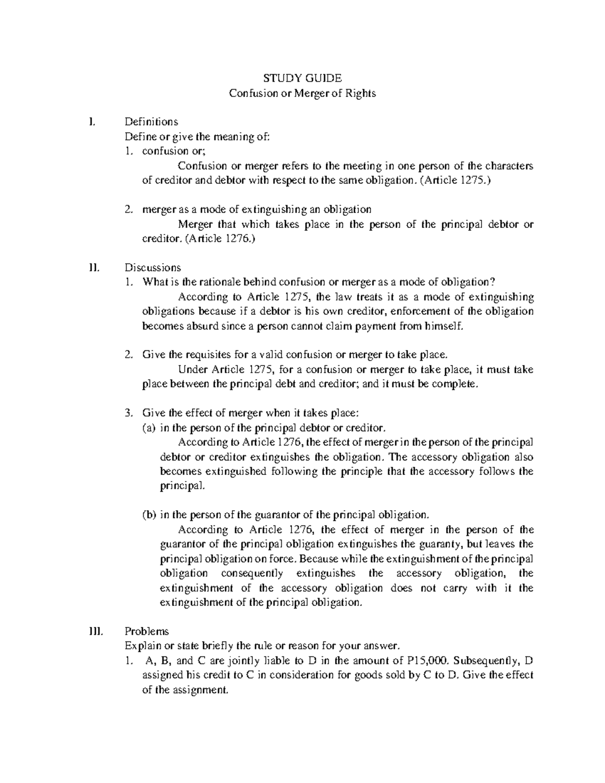 Study Guide - Confusion or Merger of Rights - STUDY GUIDE Confusion or ...