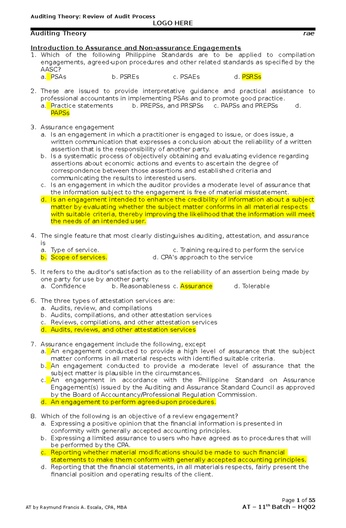 273118486 Auditing Theory Overview of the Audit Process With Answers - LOGO HERE Auditing Theory ...