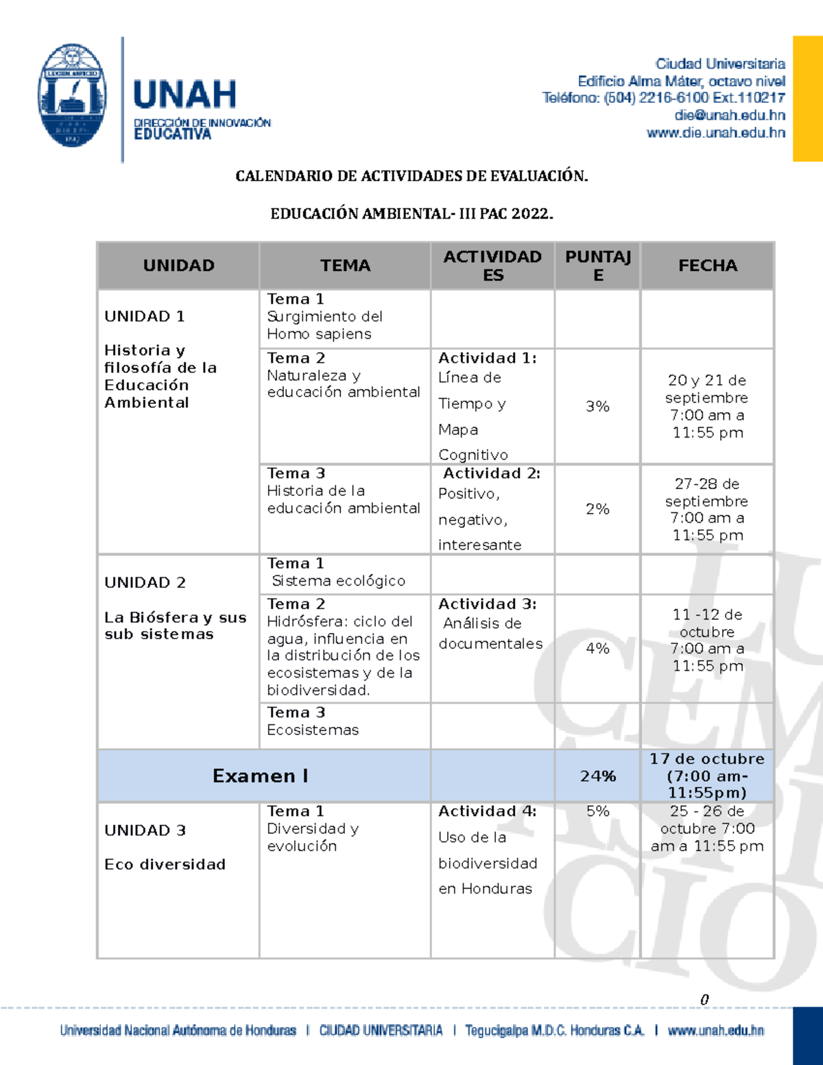 Calendario DE Actividades BI-130 III PAC2022 - CALENDARIO DE ...