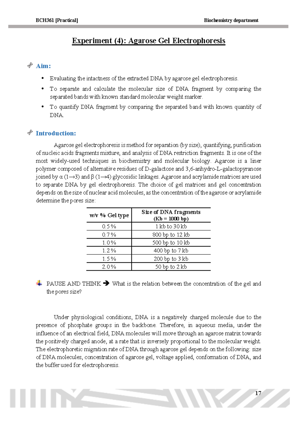 Agarose gel electrophoresis age 1 - BCH361 [Practical] Biochemistry ...