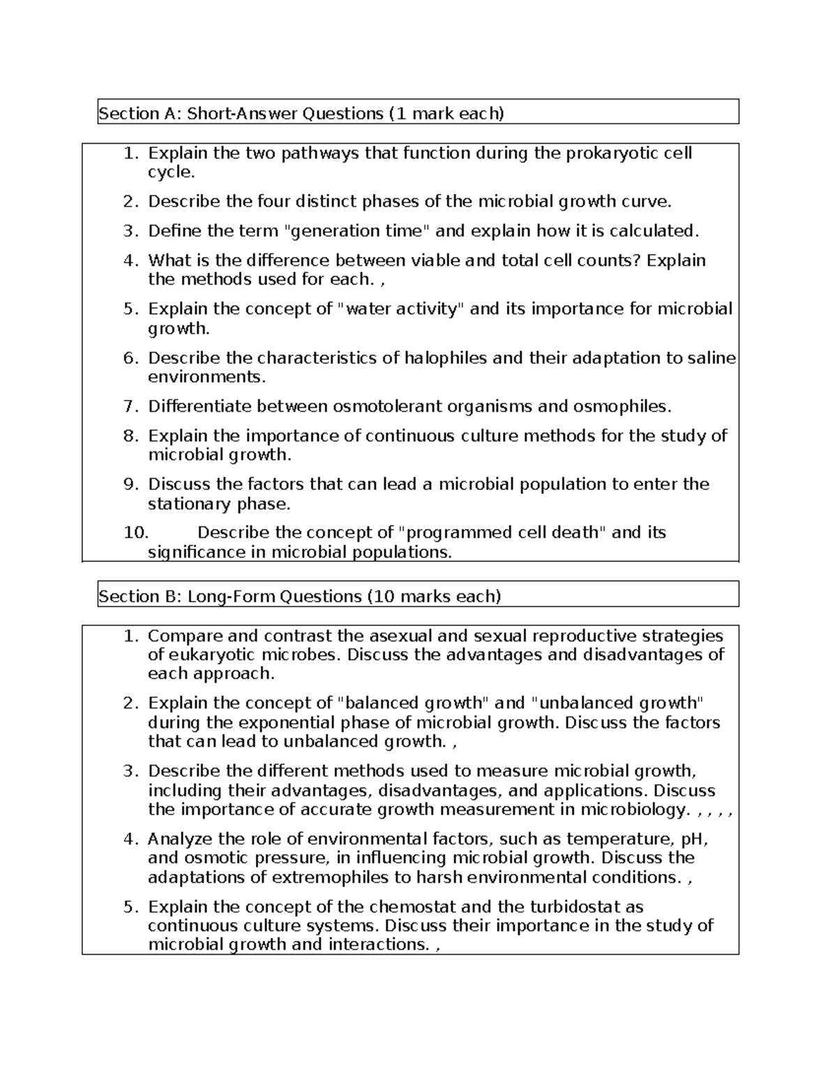 Microbial growth test paper 1 - Section A: Short-Answer Questions (1 ...