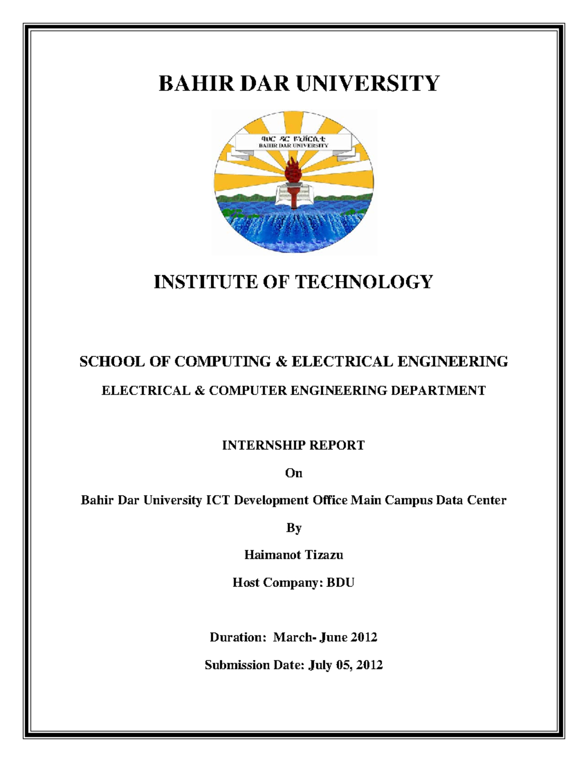 Internship Report - BAHIR DAR UNIVERSITY INSTITUTE OF TECHNOLOGY SCHOOL ...