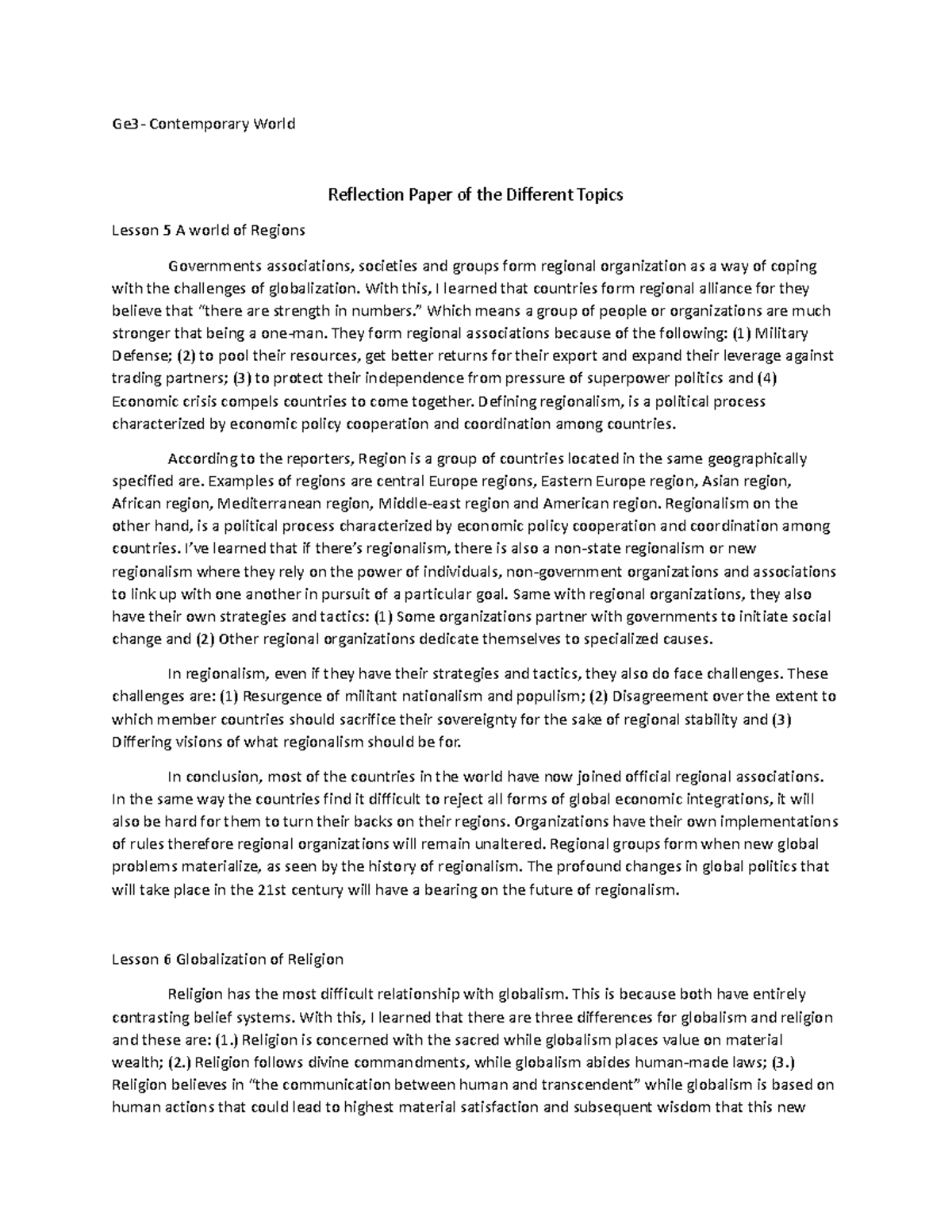 Reflectionpaper - Reflection on different topics - Ge3- Contemporary ...