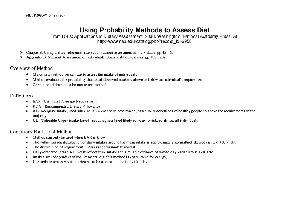 Daily Reference Intakes Example Case In class - Using Probability ...