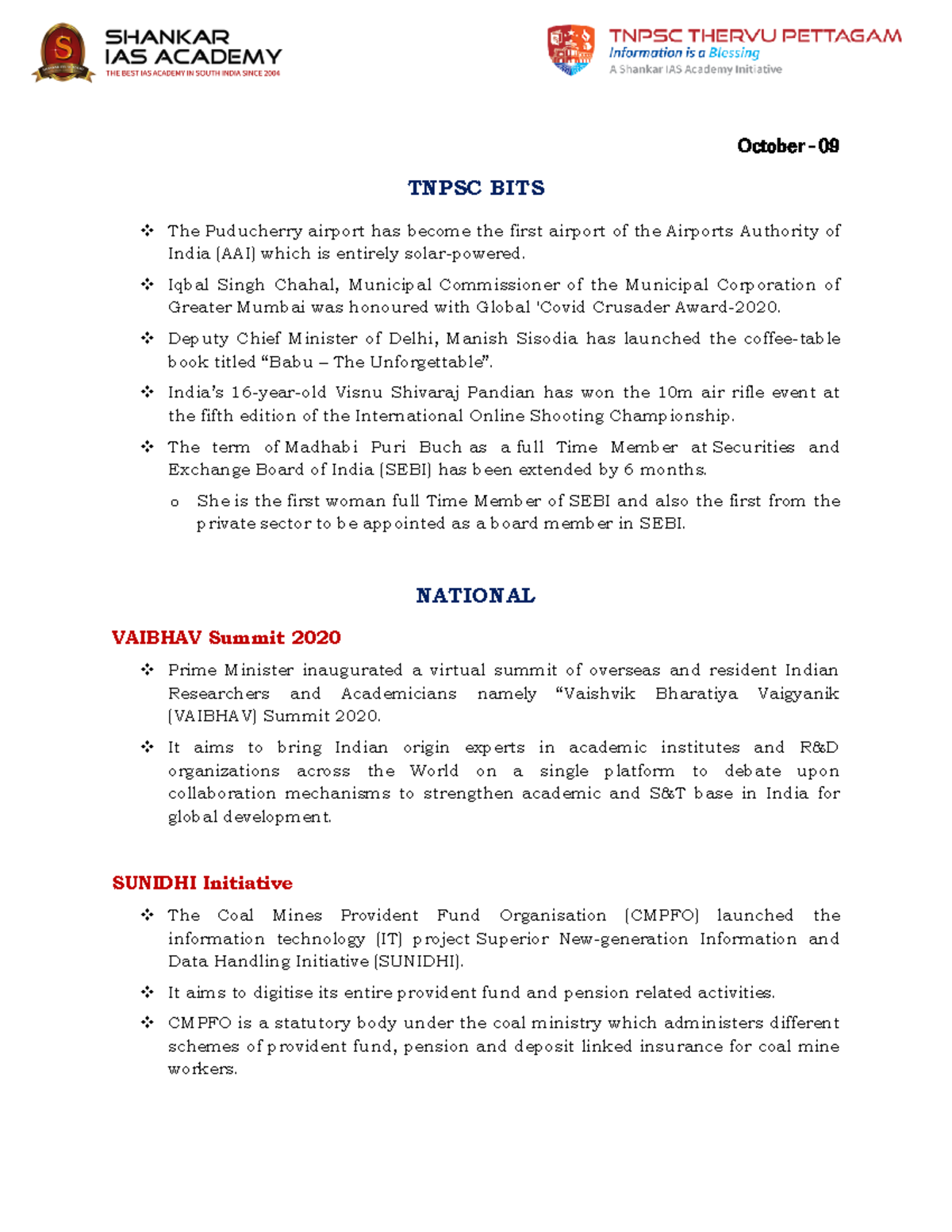 Oct 09 - English [Current Afairs for the month September-2020 ...