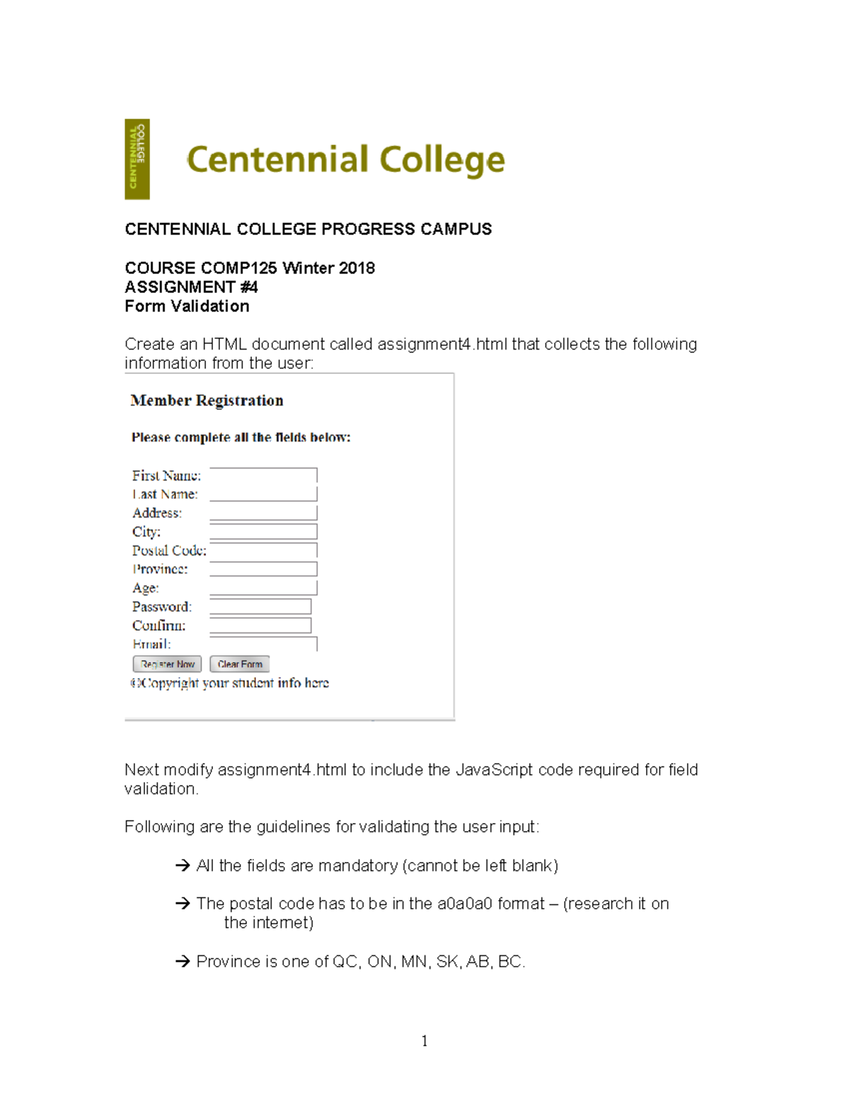 COMP125 Assignment 4 Winter 2018 - CENTENNIAL COLLEGE PROGRESS CAMPUS ...