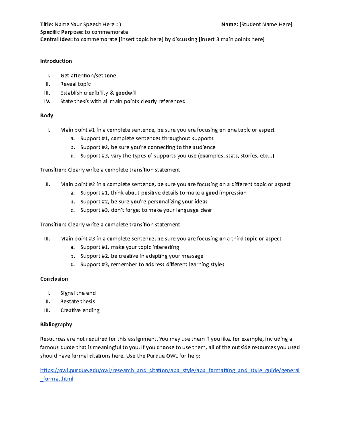 NIU Commemorative Outline Guide - Title: Name Your Speech Here : ) Name ...