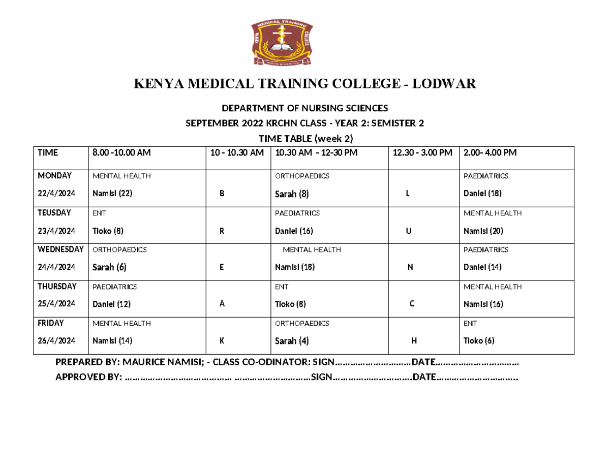 TIME Table-2 - Notes - KENYA MEDICAL TRAINING COLLEGE - LODWAR ...