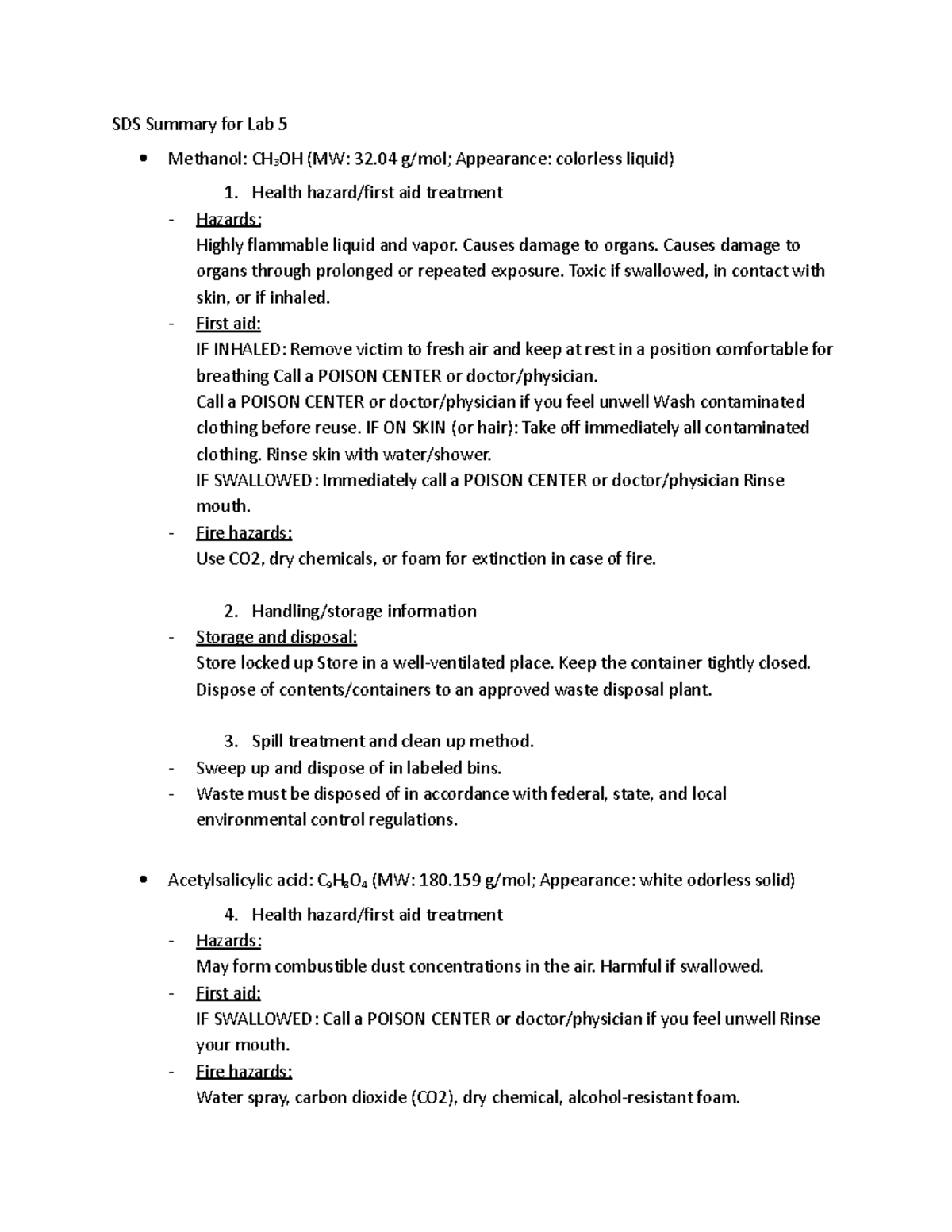 SDS Summary for Lab 5 - n/a - SDS Summary for Lab 5 Methanol: CH 3 OH ...