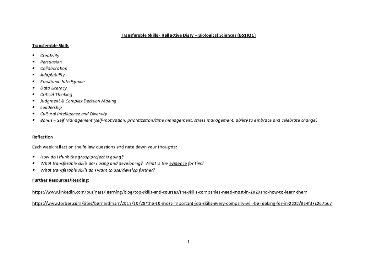 Reflective diary template - Transferable Skills - Reflective Diary ...
