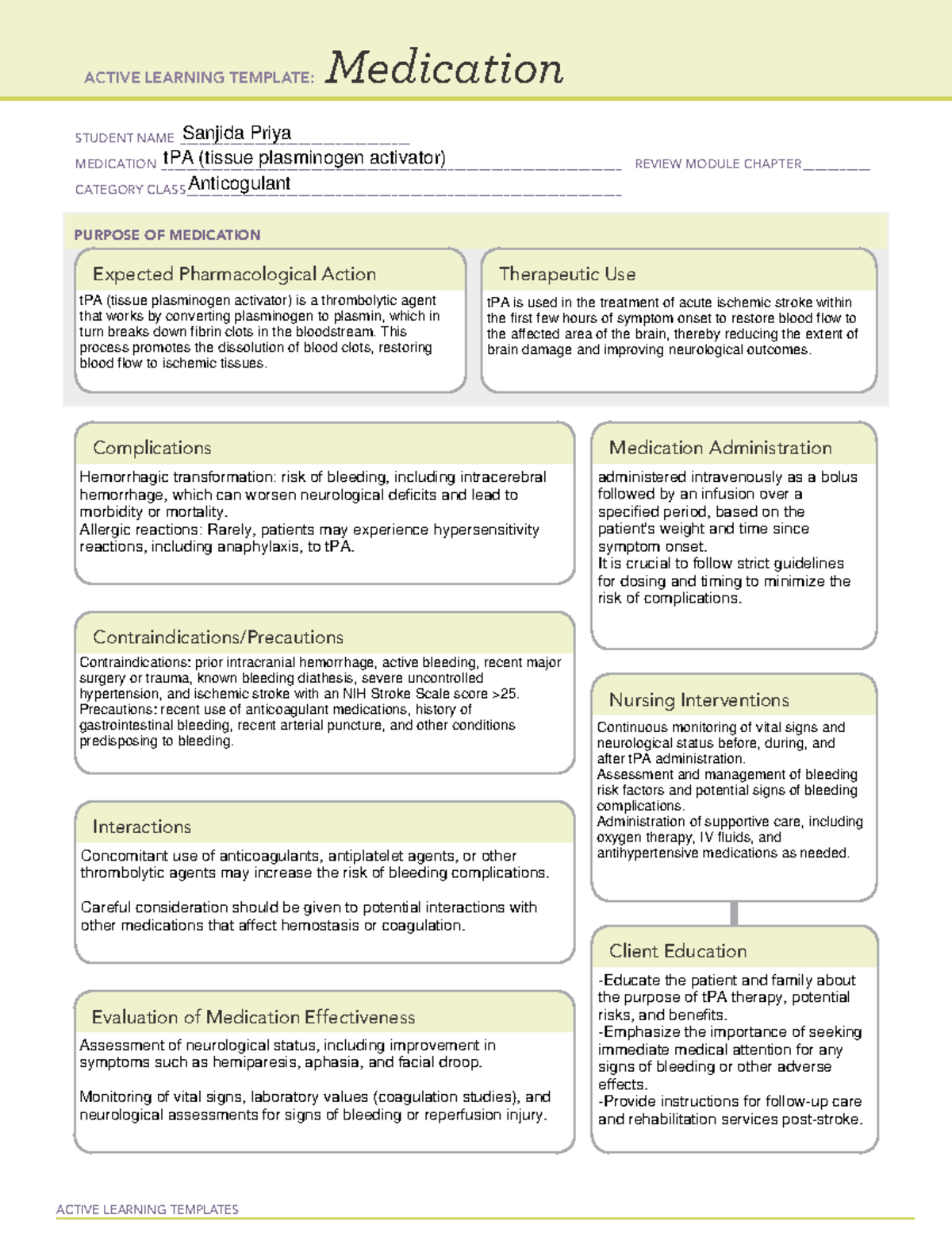 Medication Template t PA - ACTIVE LEARNING TEMPLATES Medication STUDENT ...