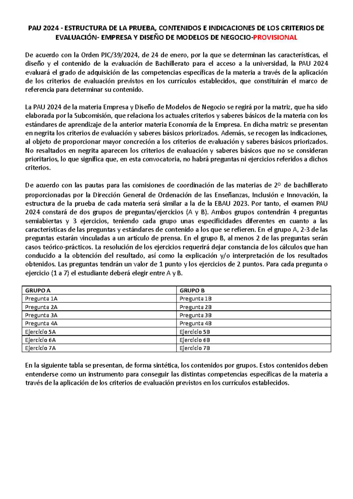 Estructura DE LA Prueba Contenidos E Indicaciones PAU 2024 - PAU 2024 ...