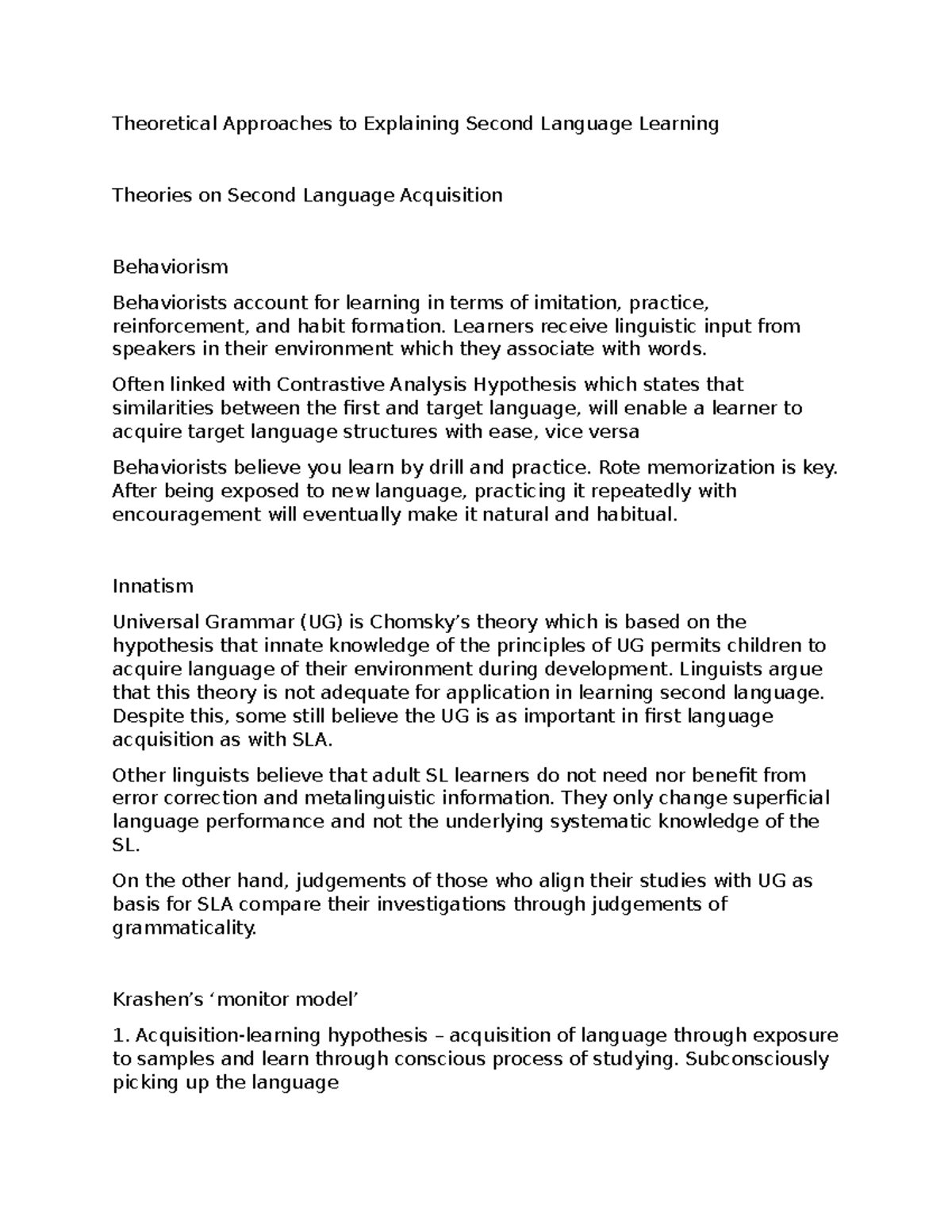 Theoretical Approaches to Explaining Second Language Learning ...