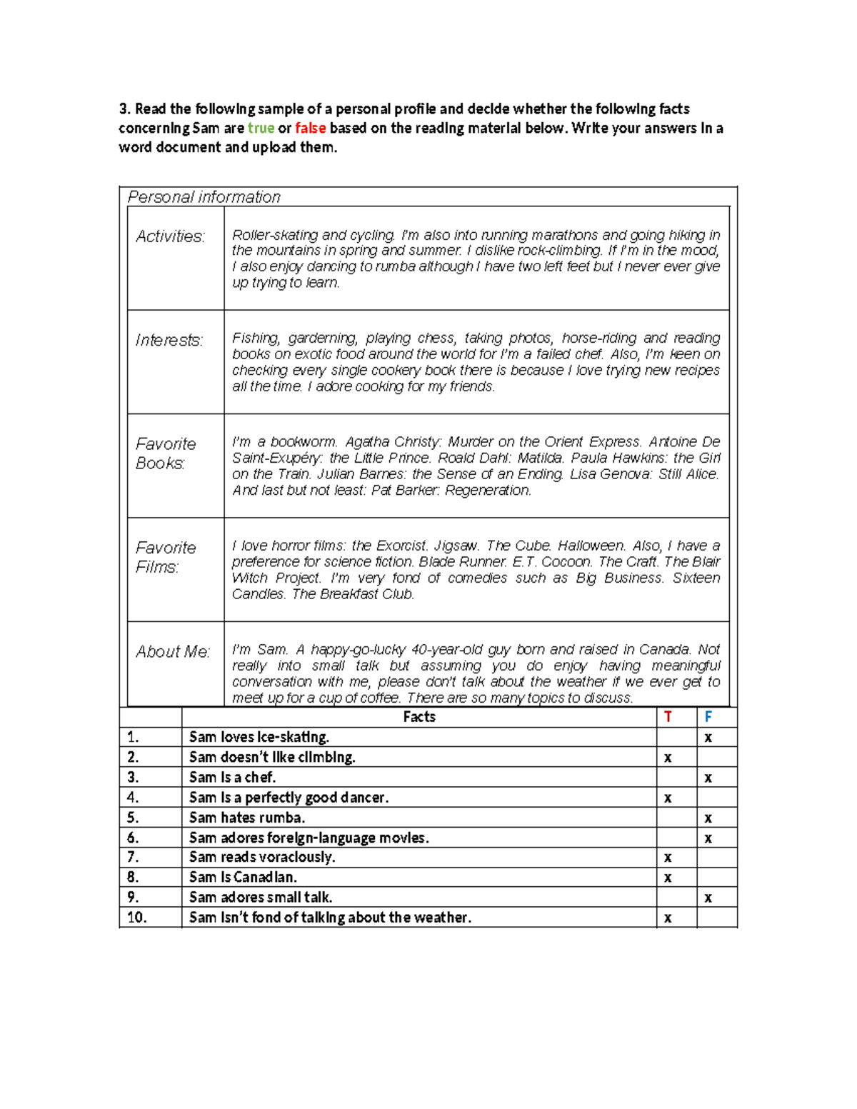 Personal porfile - Activity D - 3. Read the following sample of a ...