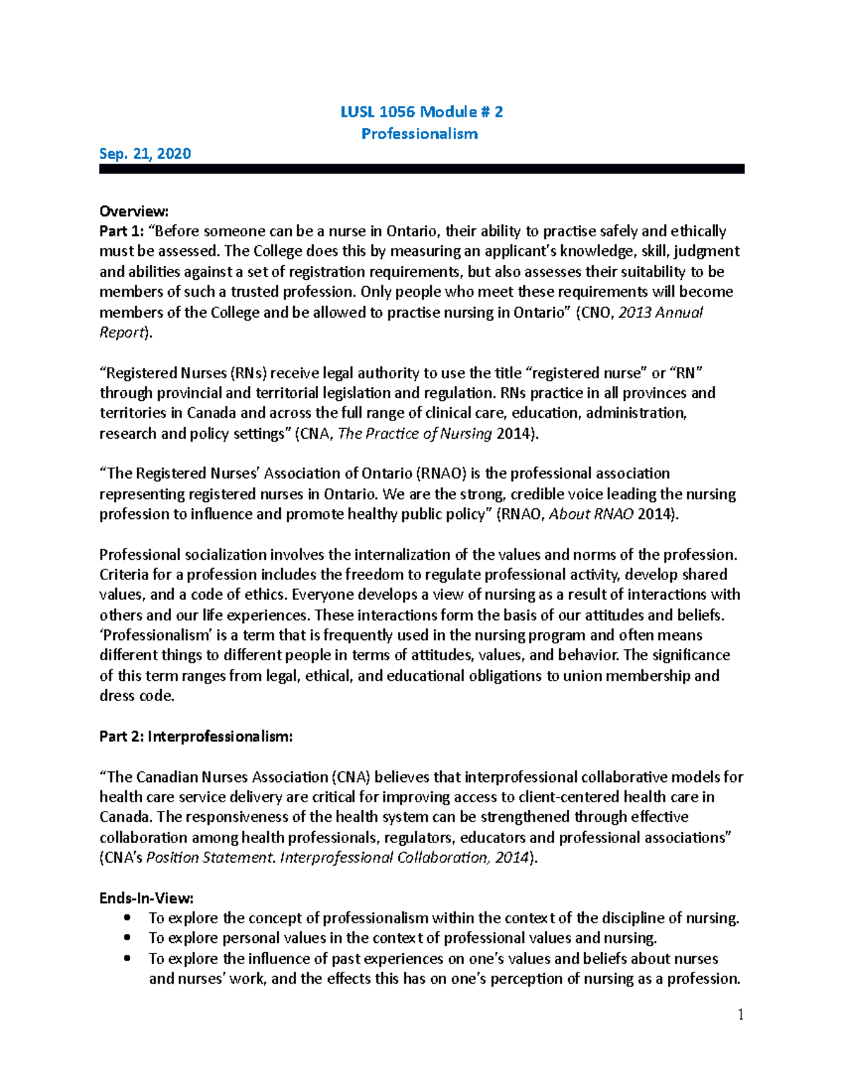 Module 2 Professionalism - LUSL 1056 Module # 2 Professionalism Sep. 21 ...