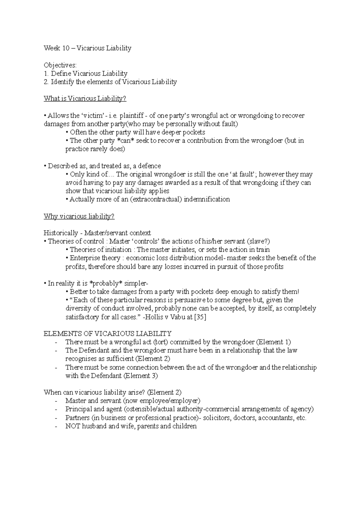 Vicarious Liability - Week 10 – Vicarious Liability Objectives: Define ...