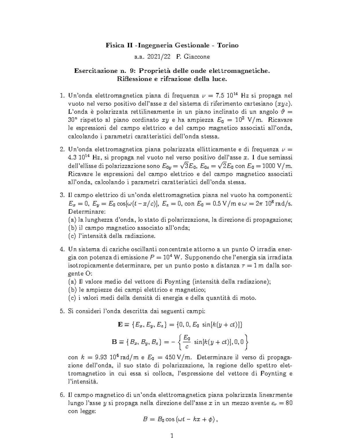 09 Esercitazione del 7 1 2022 - Fisica II -Ingegneria Gestionale - Torino a. 2021/22 P. Giaccone ...