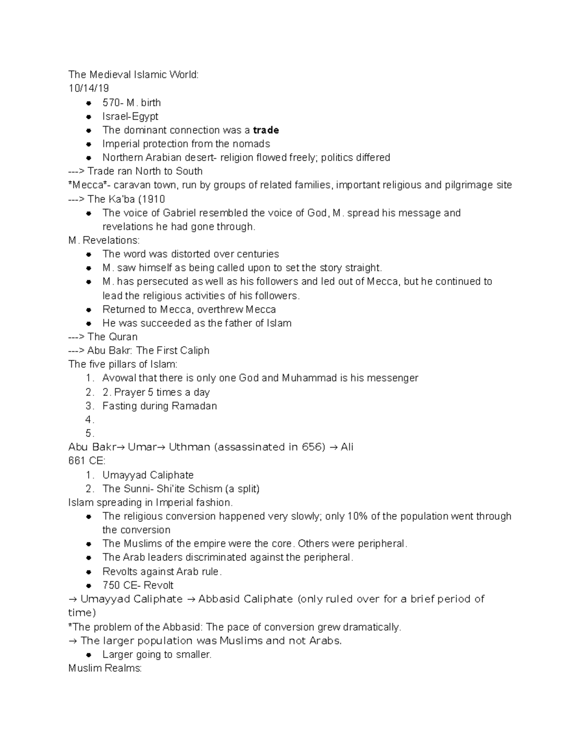 HIST 1210 notes continued - The Medieval Islamic World: 10/14/ 570- M ...