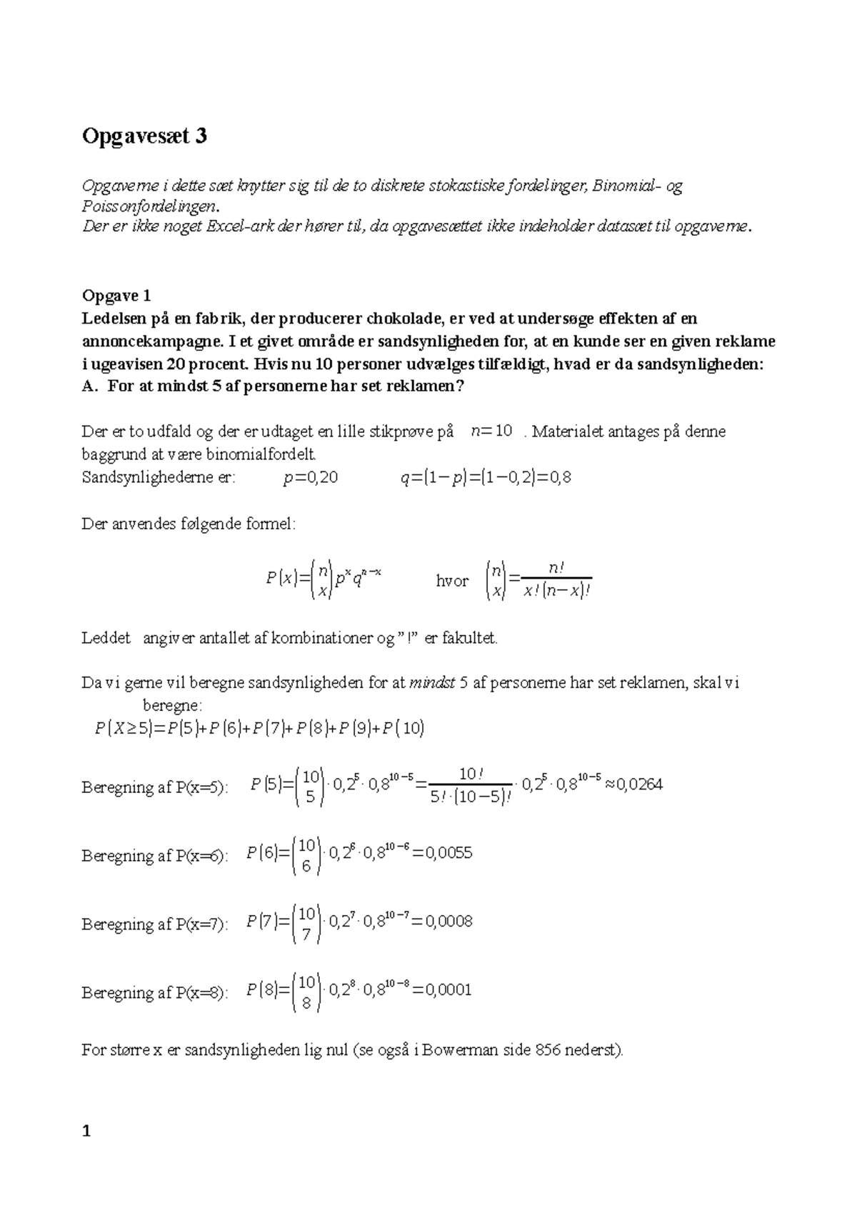 Opgavesæt 3-vejledende løsning; Binomial- og poissonfordeling ...