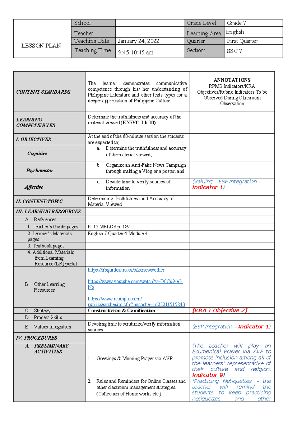 LP English 7 COT 2 2022 - Lesson Plan - LESSON PLAN Teacher Learning ...