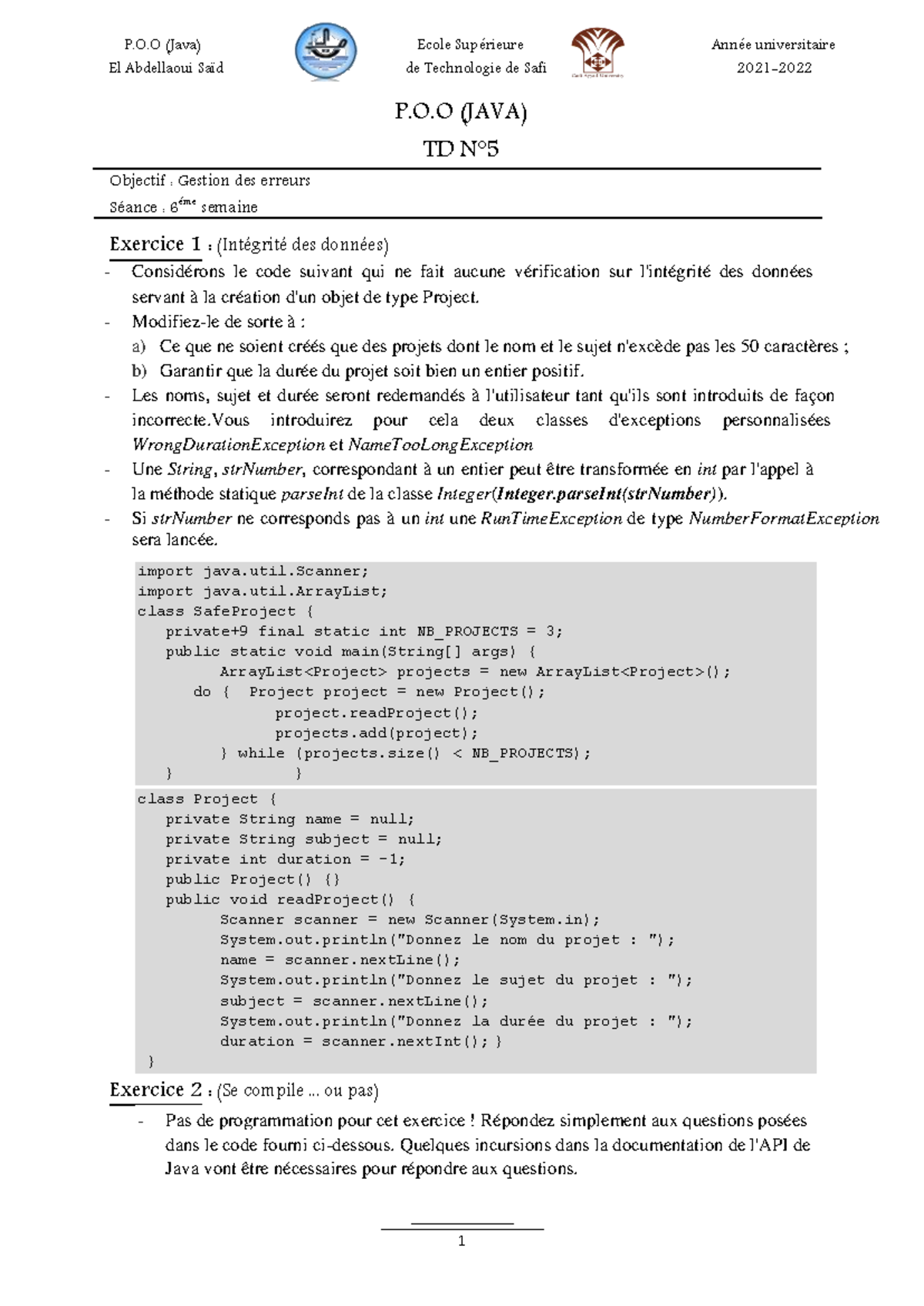 TD 5- Gestion des erreurs - ####### El Abdellaoui Saïd de Technologie de Safi 2021- P.O (JAVA ...