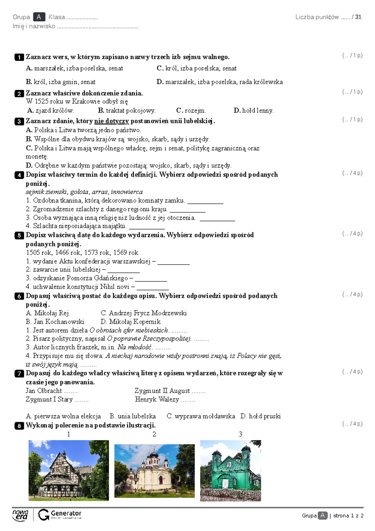 Alicja Osipowicz - test II W Rzeczeczypospolitej szlacheckiej - Grupa A ...