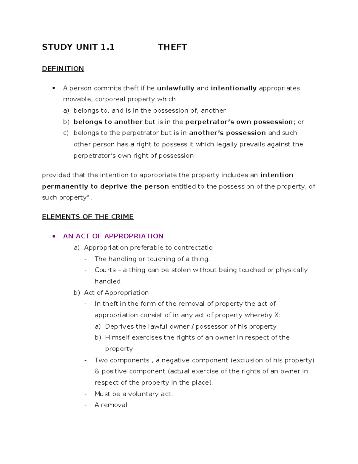 Study UNIT 1.1. Theft 221 - STUDY UNIT 1 THEFT DEFINITION A person ...