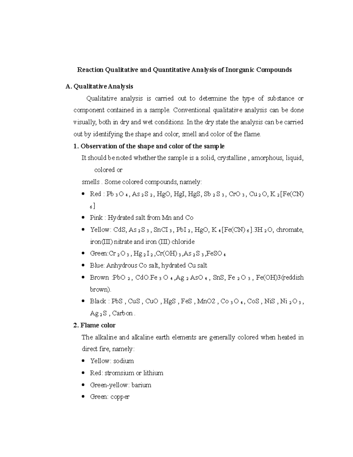 Observation of the shape and color of the sample - Reaction Qualitative ...