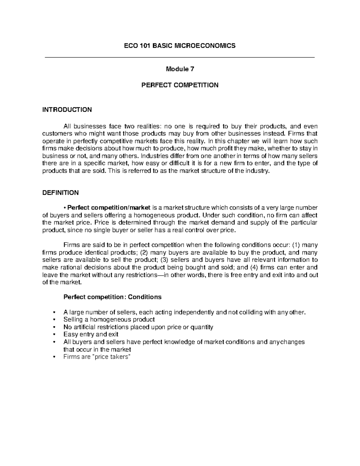 ECO 101 Basic Economics Market Structure - ECO 101 BASIC MICROECONOMICS ...
