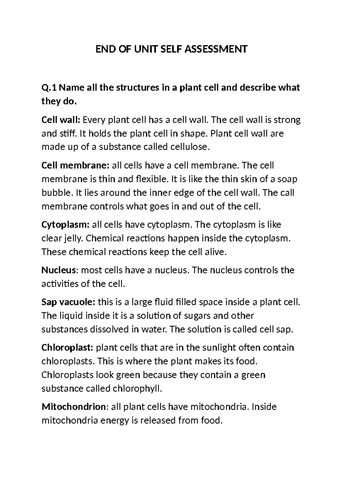 END OF UNIT SELF Assessmen 1 - END OF UNIT SELF ASSESSMENT Q Name all ...