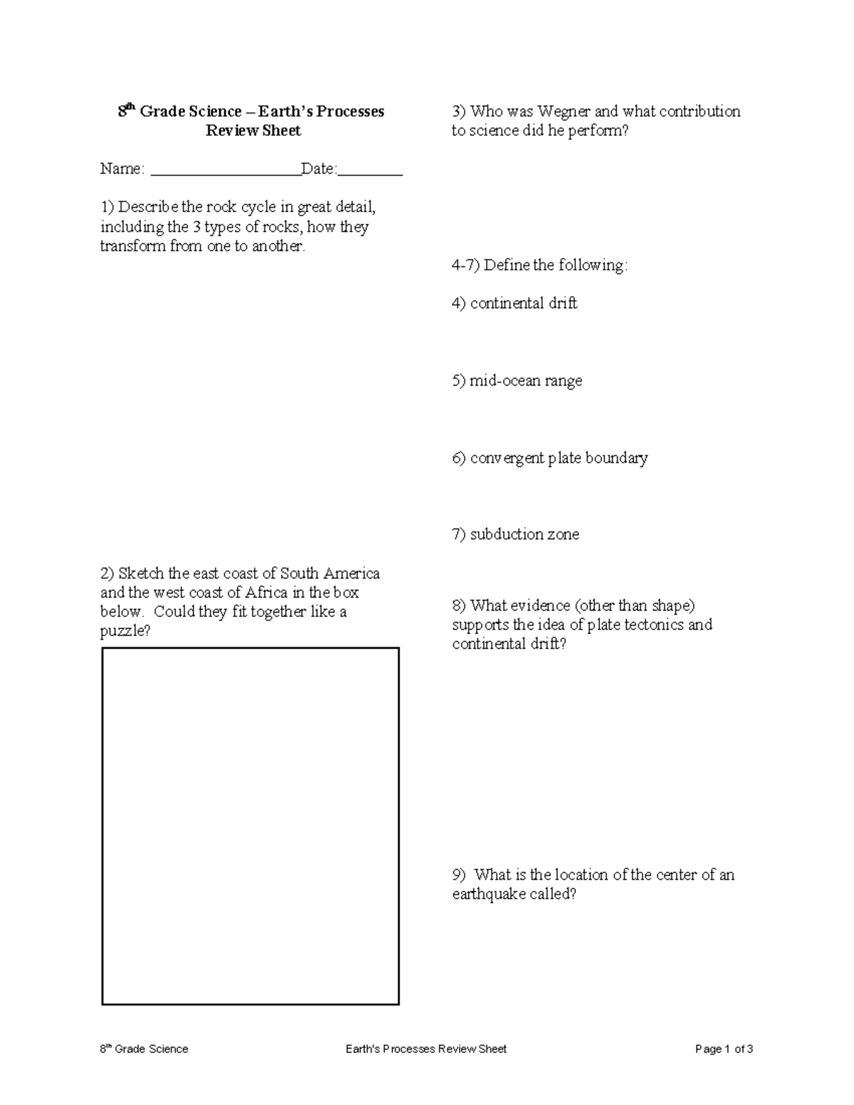 Study Guide - Earth's Processes - 8 th Grade Science – Earth’s ...
