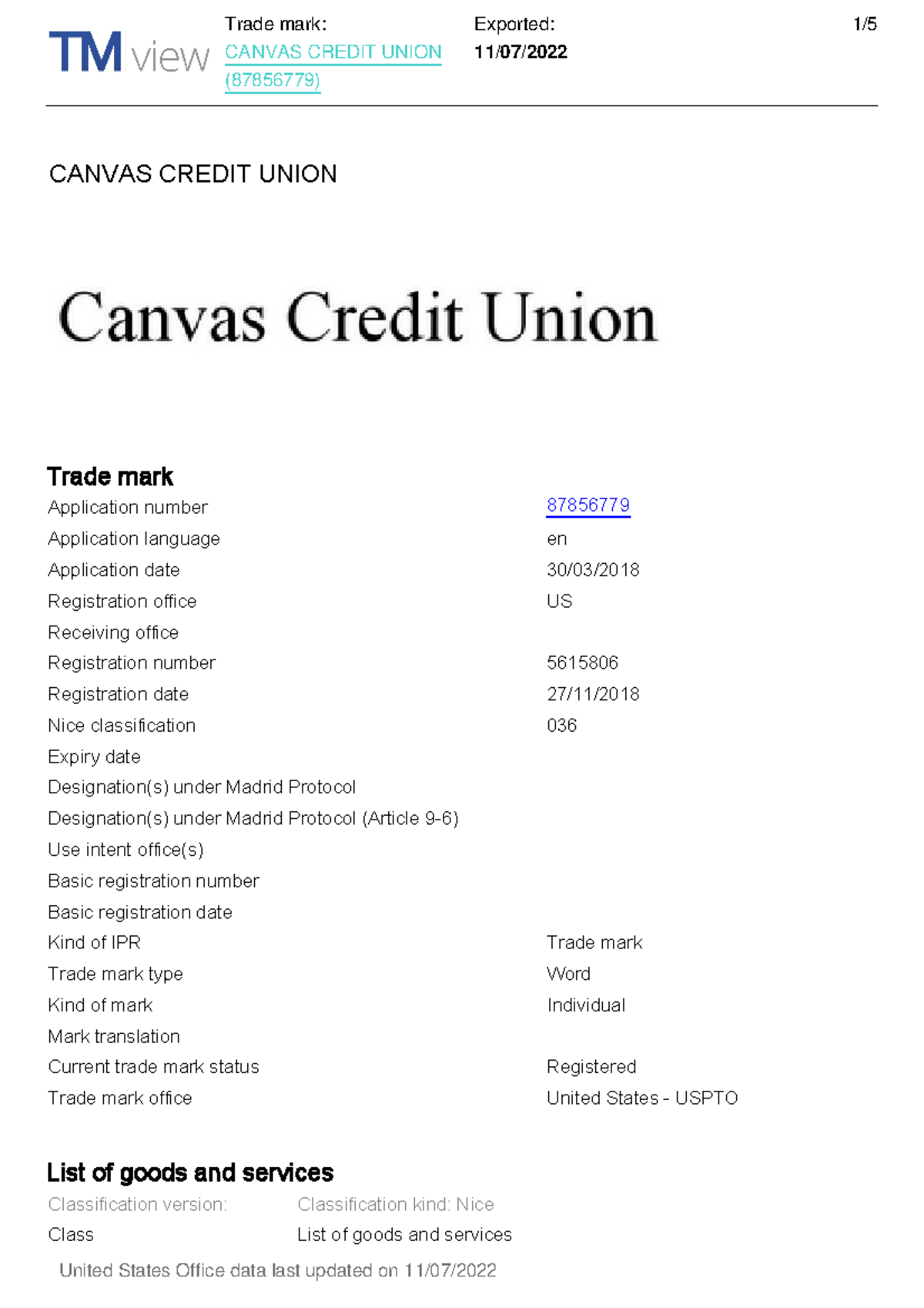 Canvas Credit UnionUS500000087856779 - Trade mark List of goods and ...