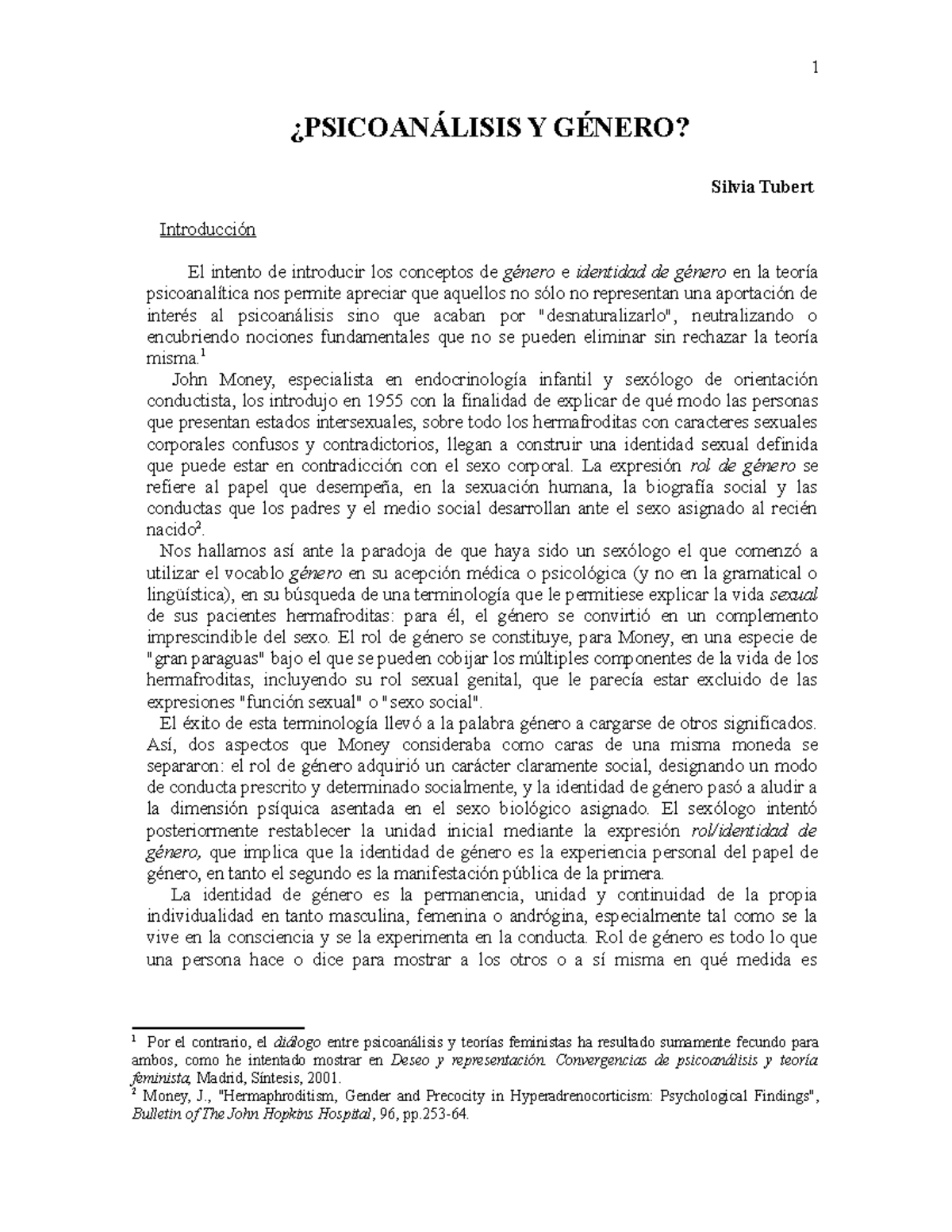 Psicoanalisis y genero - 1 ¿PSICOANÁLISIS Y GÉNERO? Silvia Tubert ...